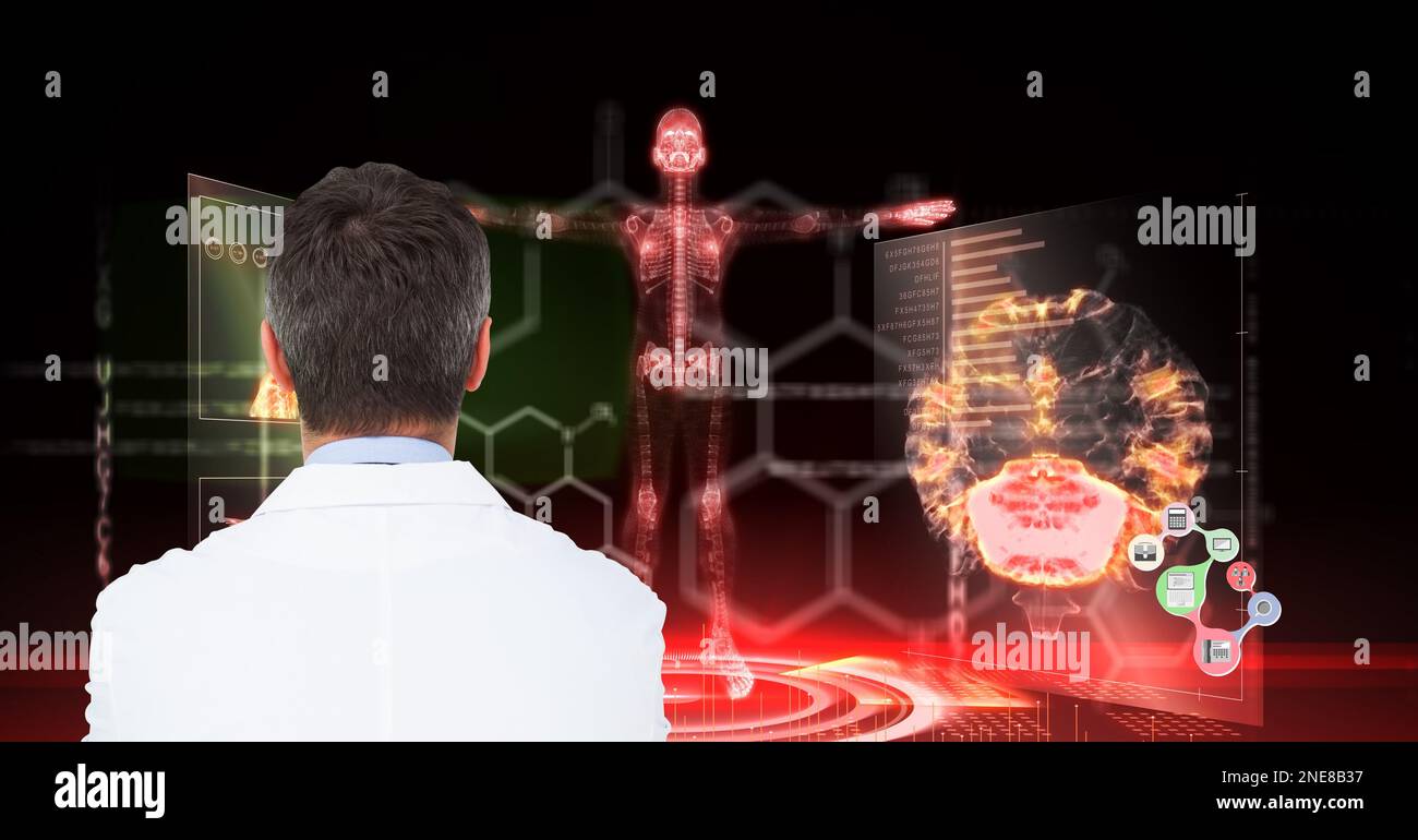 Composition on male doctor over screen with digital human body and ...