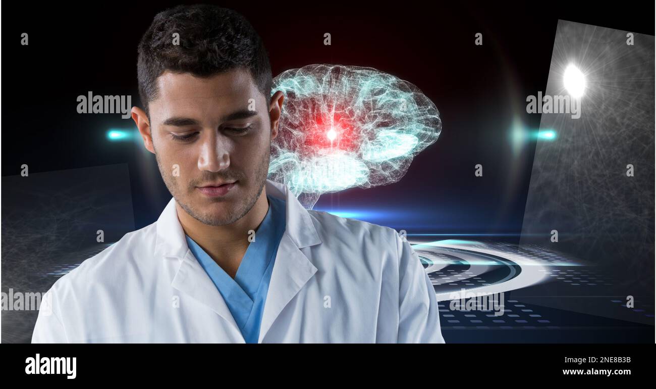 Composition of male doctor over screen with human brain and medical data processing Stock Photo ...