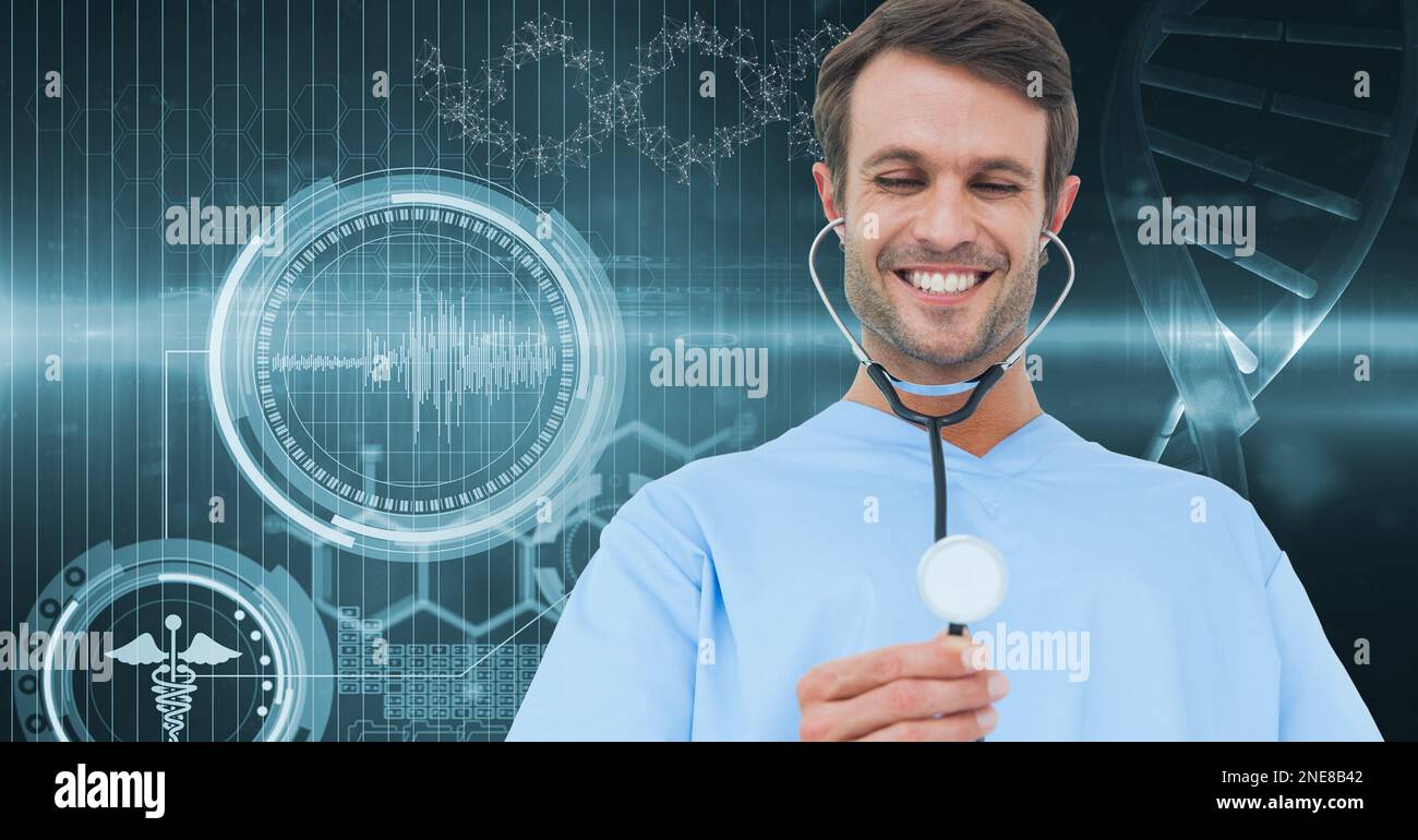 Composition of smiling male doctor holding stethoscope with dna strand ...
