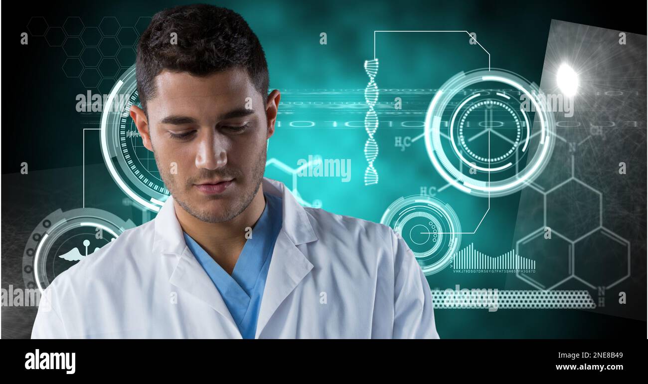 Composition of male doctor over screen with dna strand and medical data ...