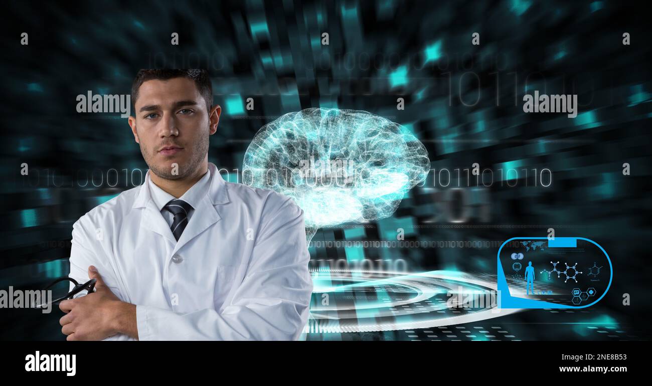 Composition on male doctor over screen with digital human brain and medical data processing ...