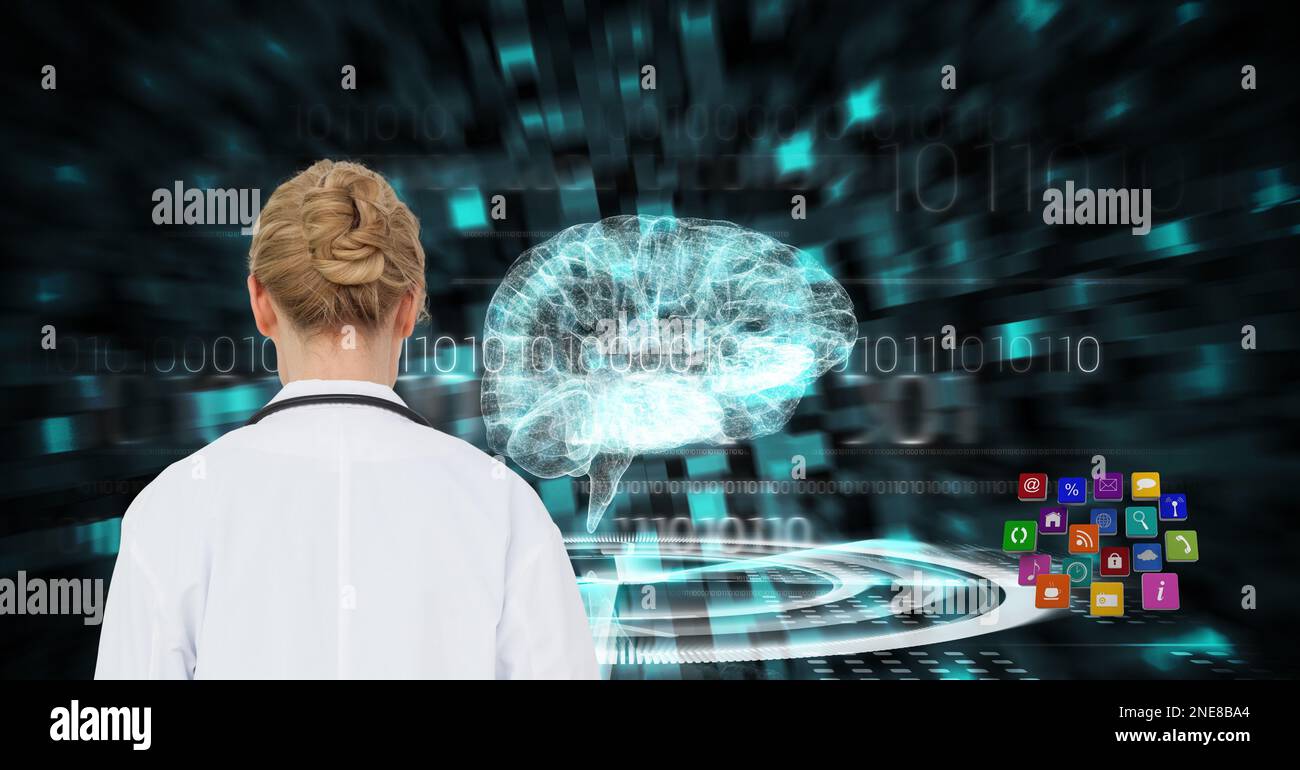 Composition on female doctor over screen with digital human brain and ...