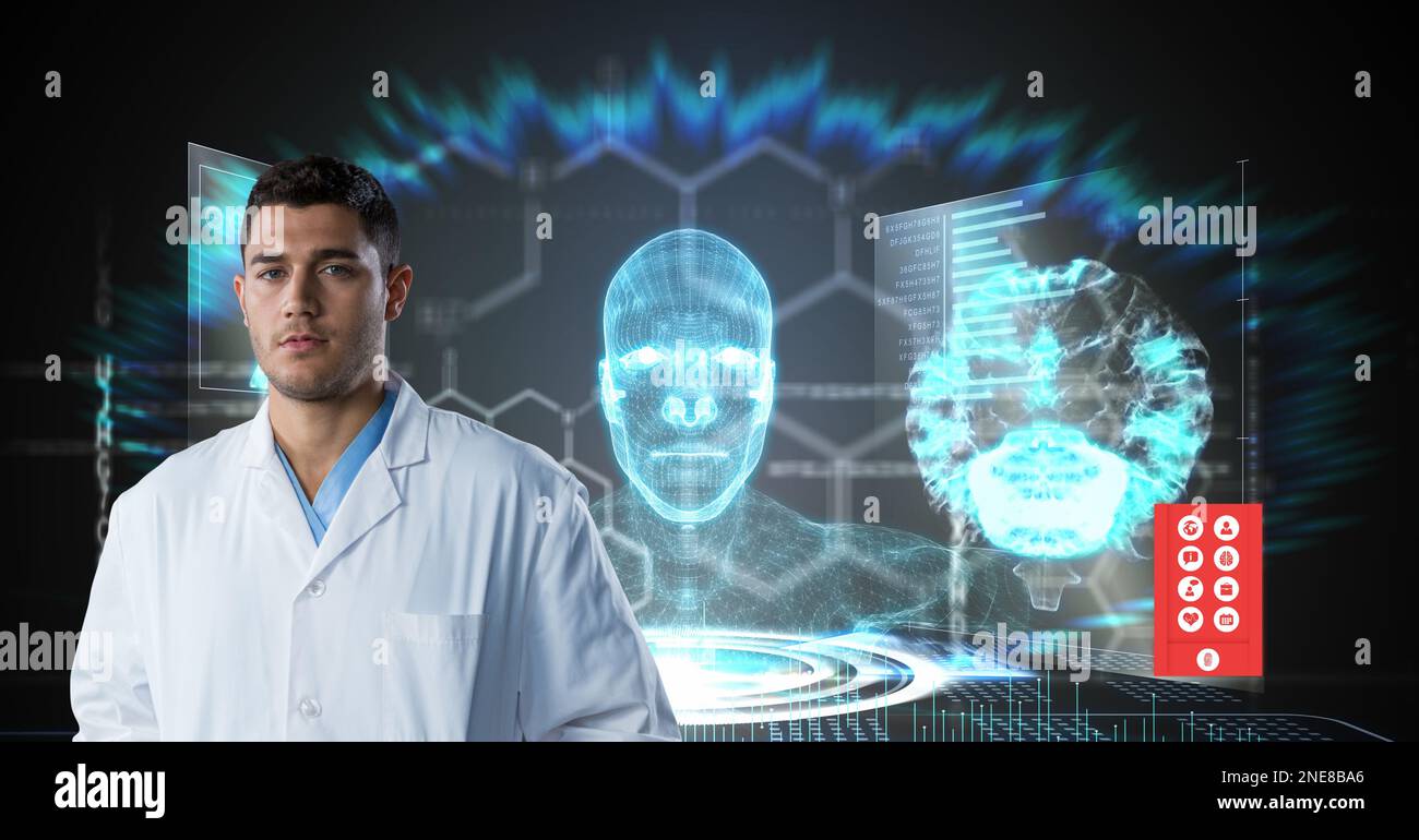 Composition on male doctor over screen with digital human brain and medical data processing ...