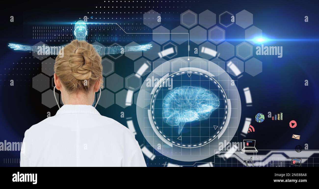 Composition on female doctor over screen with digital human brain and ...