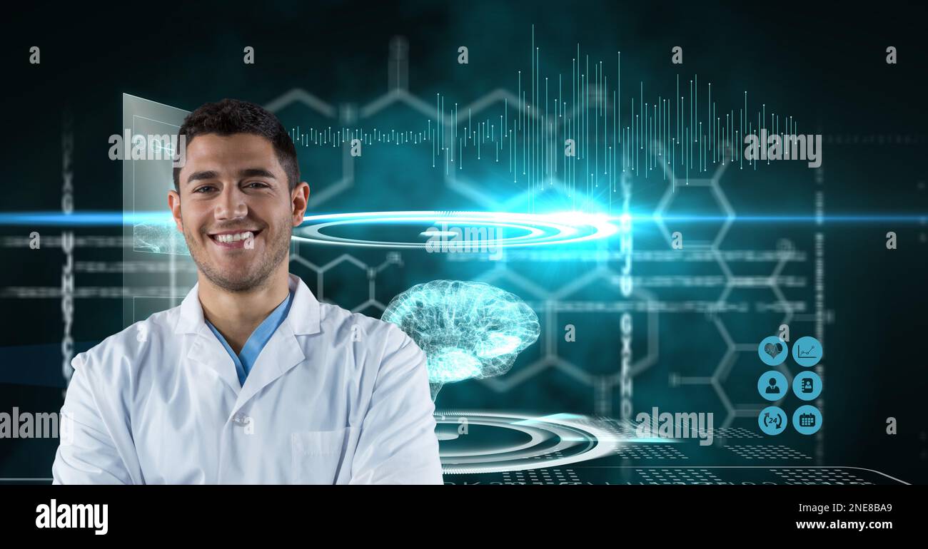 Composition on male doctor over screen with digital human brain and ...
