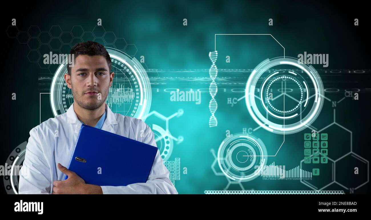 Composition on male doctor over screen with medical data processing ...