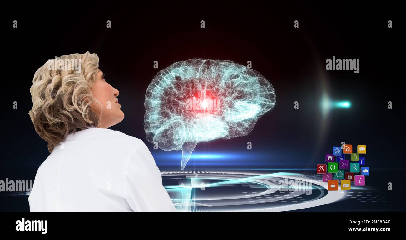 Composition on female doctor over screen with digital human brain and ...