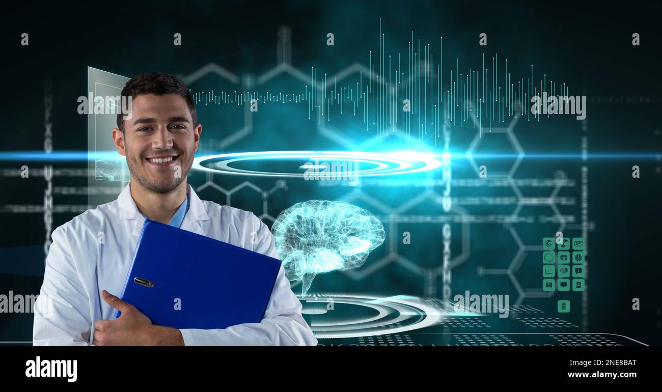 Composition on male doctor over screen with digital human brain and medical data processing ...