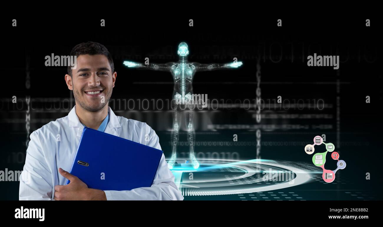 Composition on male doctor over screen with digital human body and ...