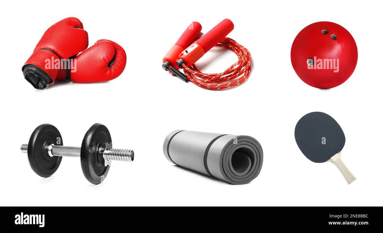 Set with different sports tools on white background. Banner design ...