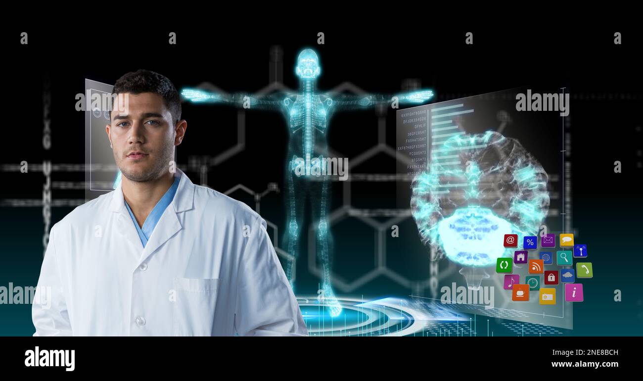 Composition on male doctor over screen with digital human brain and medical data processing ...