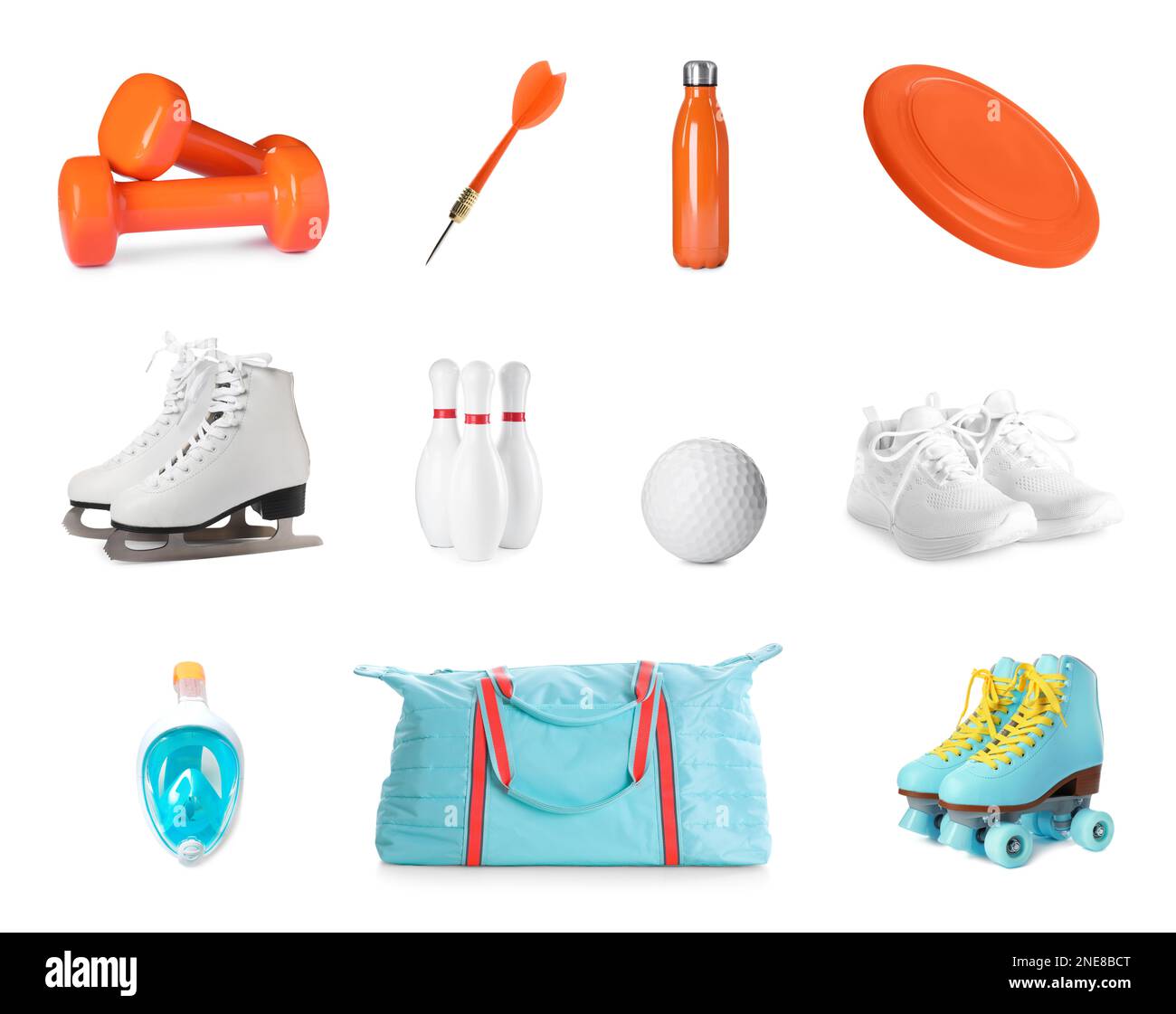 Set with different sports tools on white background Stock Photo - Alamy