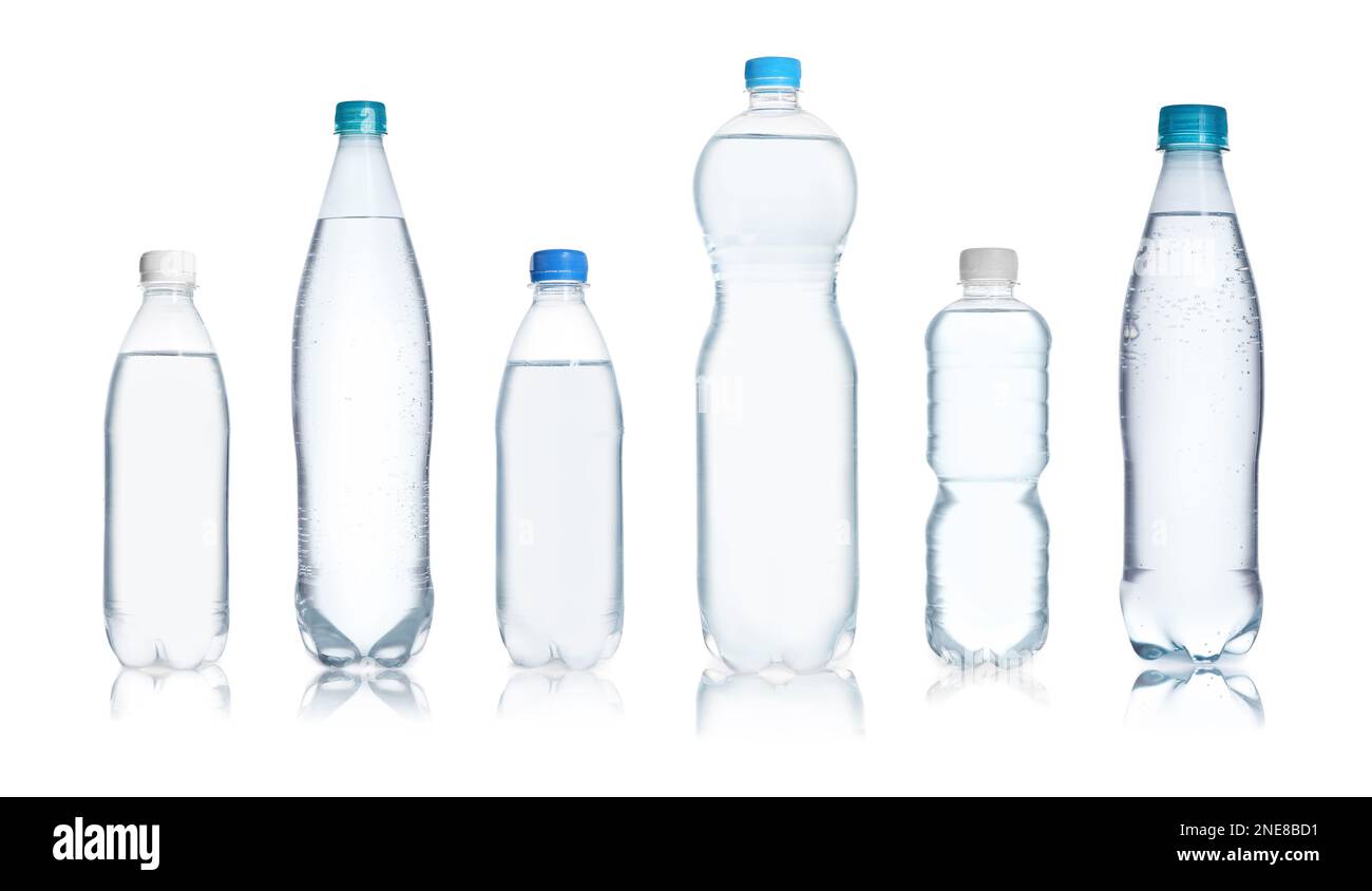 Set with different bottles of pure water on white background. Banner ...