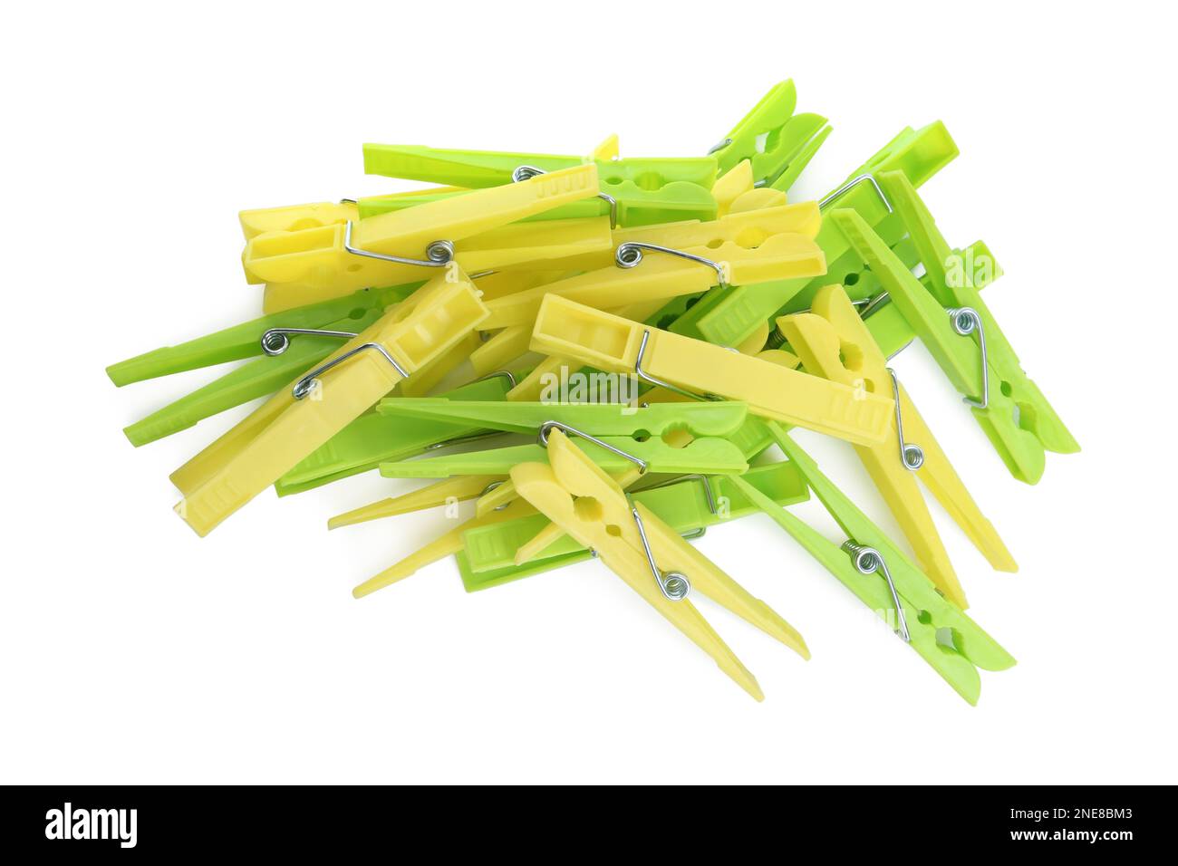 Colorful plastic clothespins on white background, top view Stock Photo ...