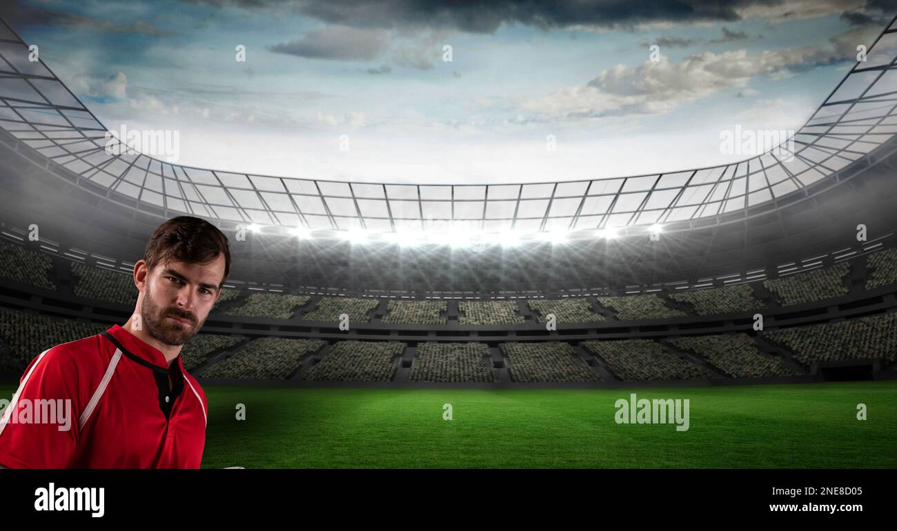 Composition of portrait of sportsman over pitch in sports stadium with ...