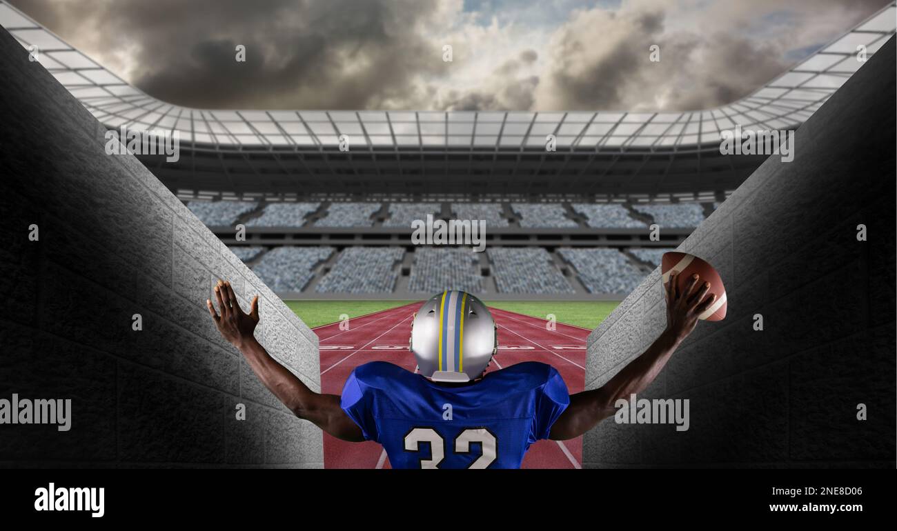 Composition of male american football player holding ball and raising ...