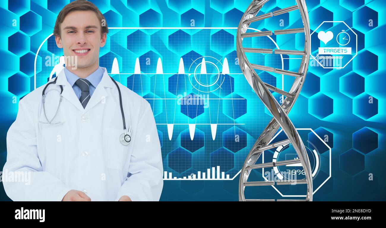 Portrait of caucasian male doctor smiling against dna structure medical ...