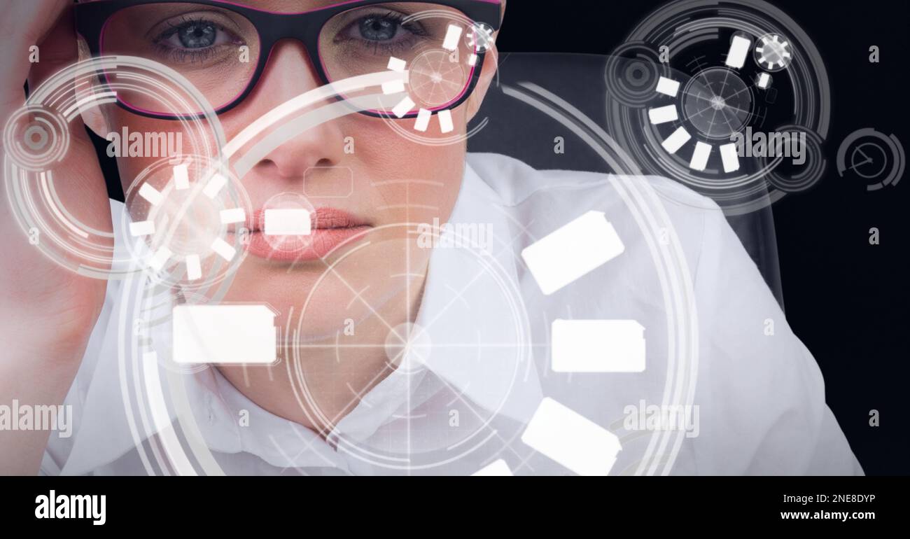 Multiple round scanners against portrait of caucasian woman against ... Multiple round scanners against portrait of caucasian woman against ...
