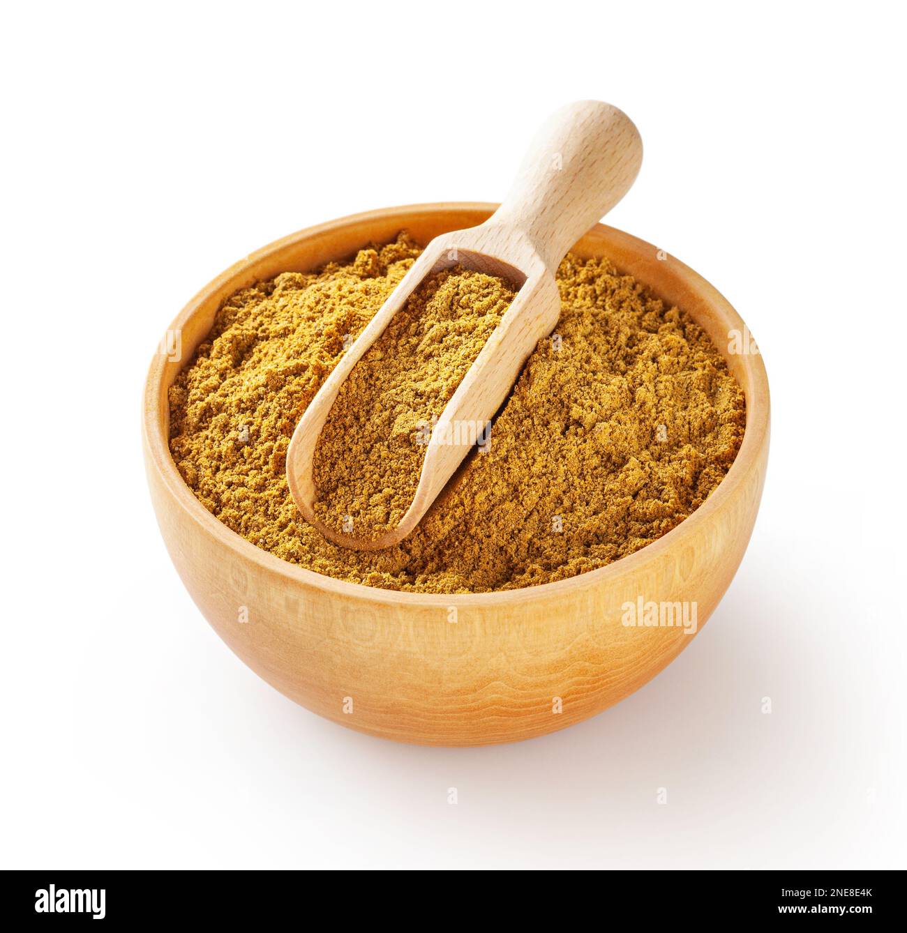 Dry turmeric (curcuma) powder in wooden bowl with scoop isolated on ...