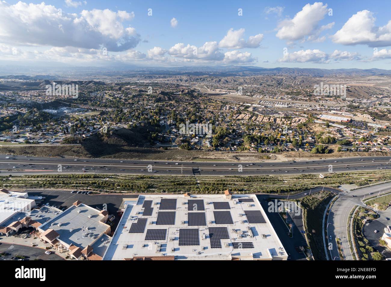 Aerial view of the Santa Clarita Valley and the route 14 freeway in Los ...