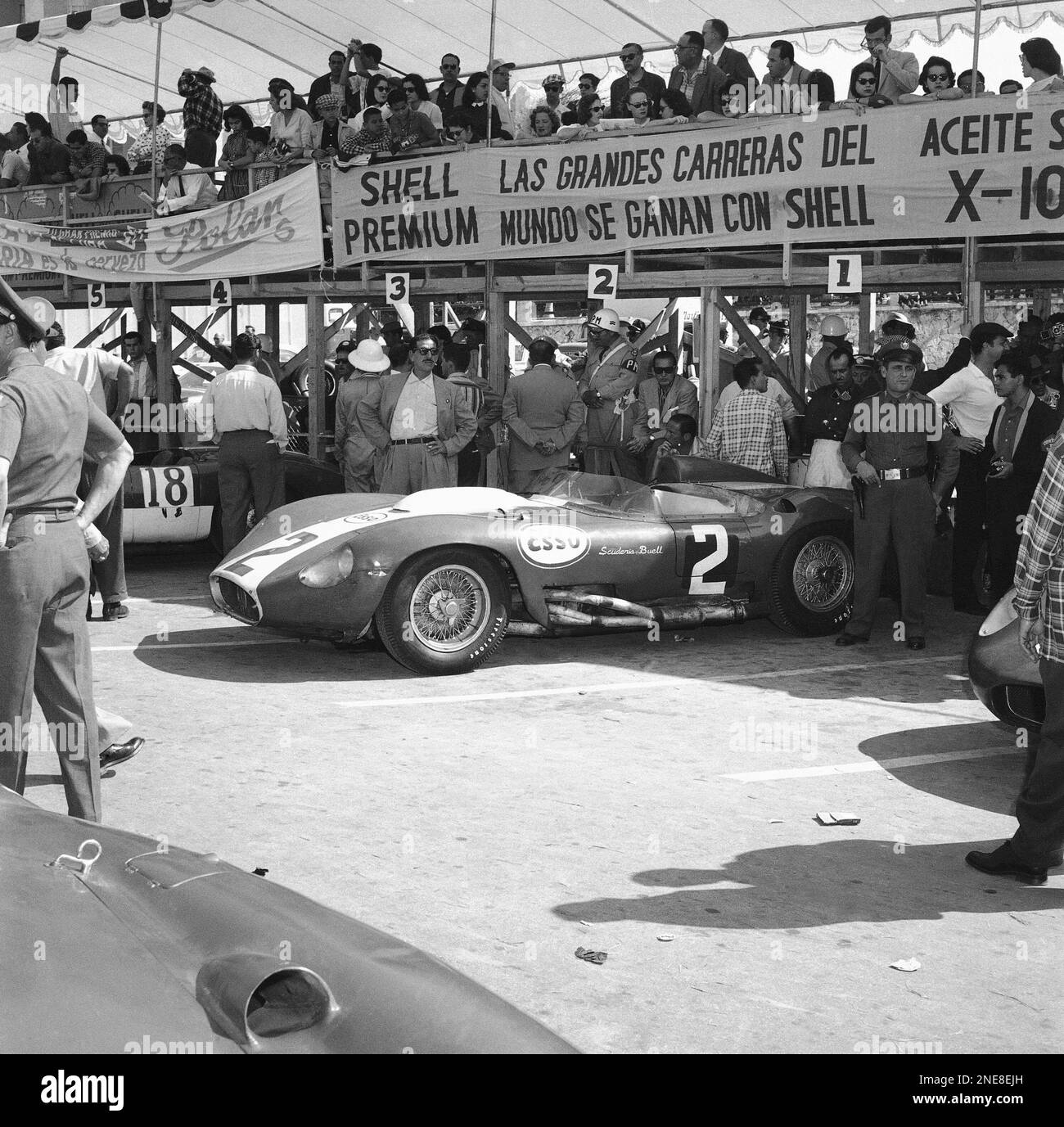 Maserati racer of Juan Manuel Fangio, in pits before start of Cuban ...
