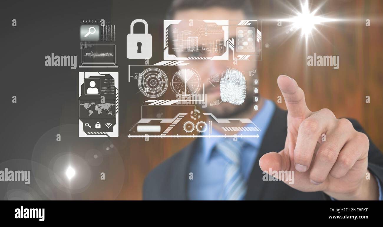 Composition of businessman touching screen with digital icons and ...