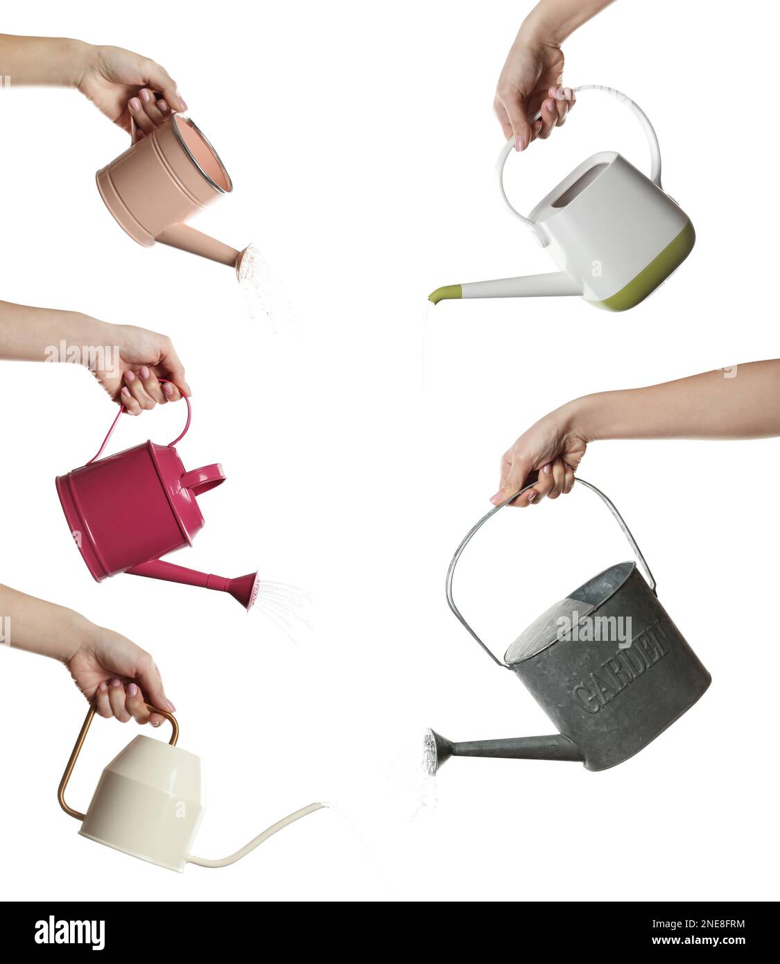 Collage with photos of women holding different watering cans on white ...