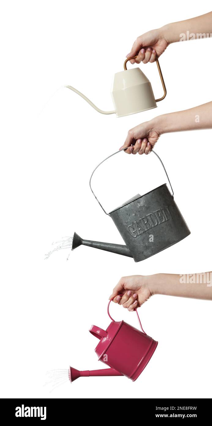 Collage with photos of women holding different watering cans on white ...