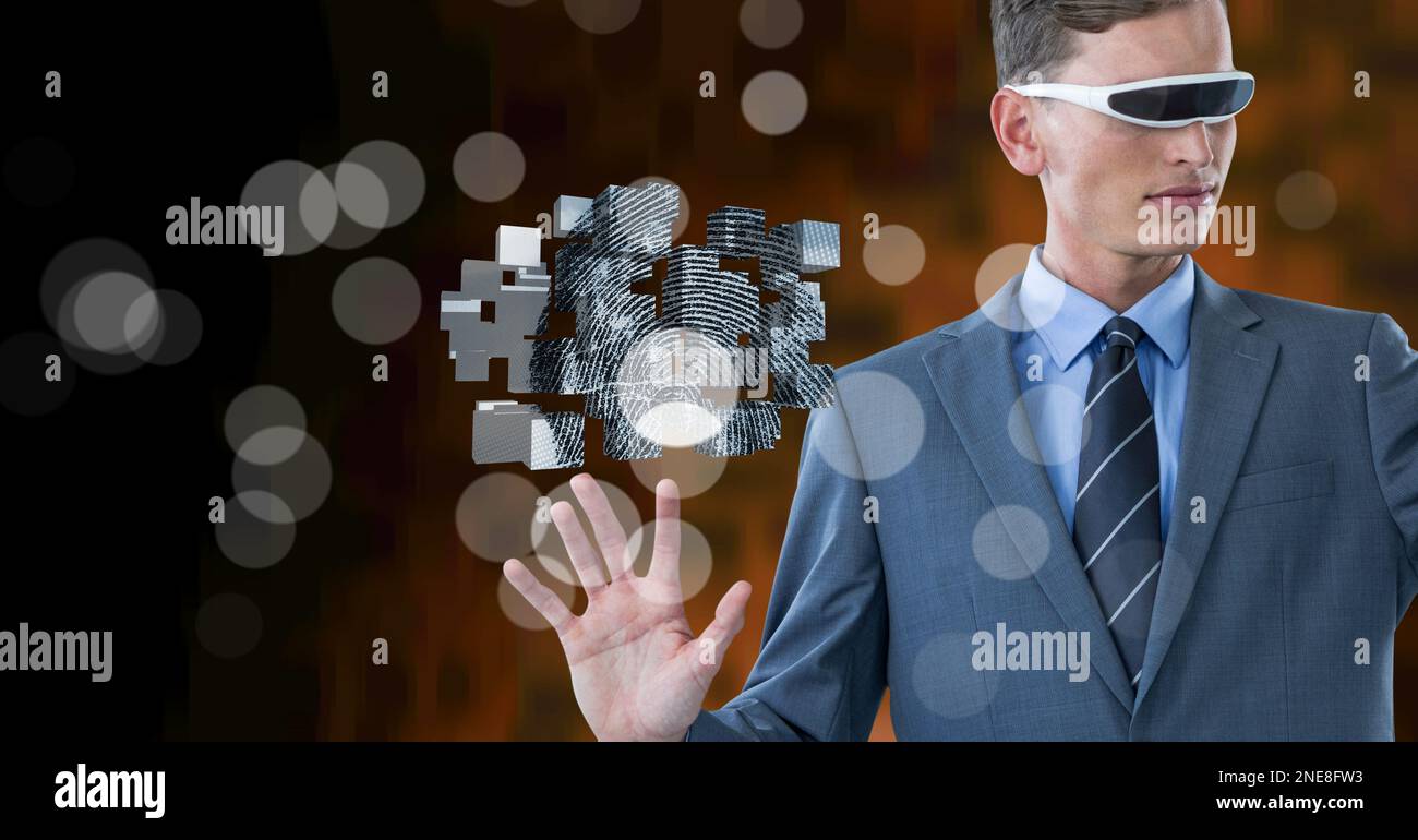 Composition of businessman with vr glasses touching screen with ...
