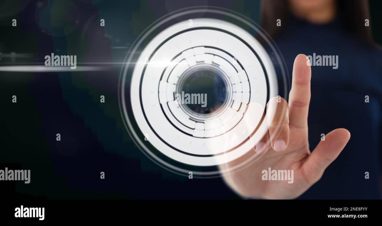 Composition of businesswoman touching screen with scope scanning ...
