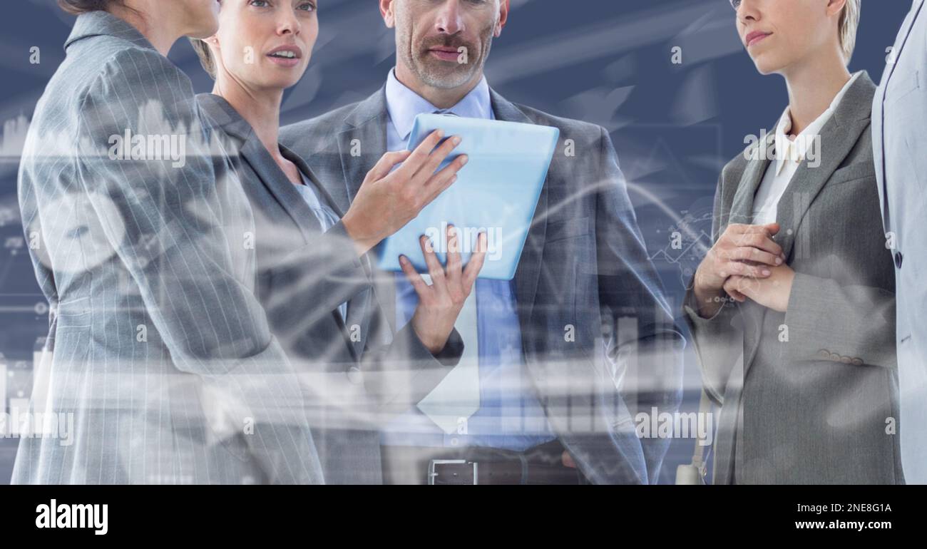 Composition of happy diverse business team in meeting over interface ...