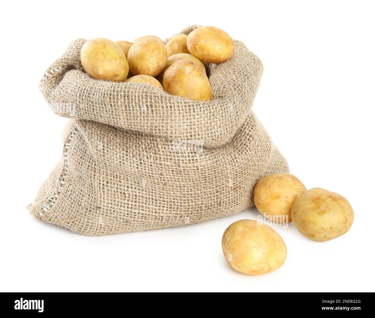 Raw fresh potatoes and sack on white background Stock Photo - Alamy