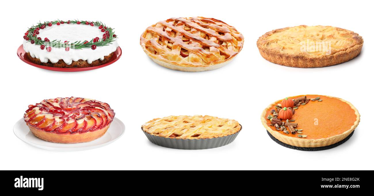 Set with different delicious pies on white background. Banner design ...