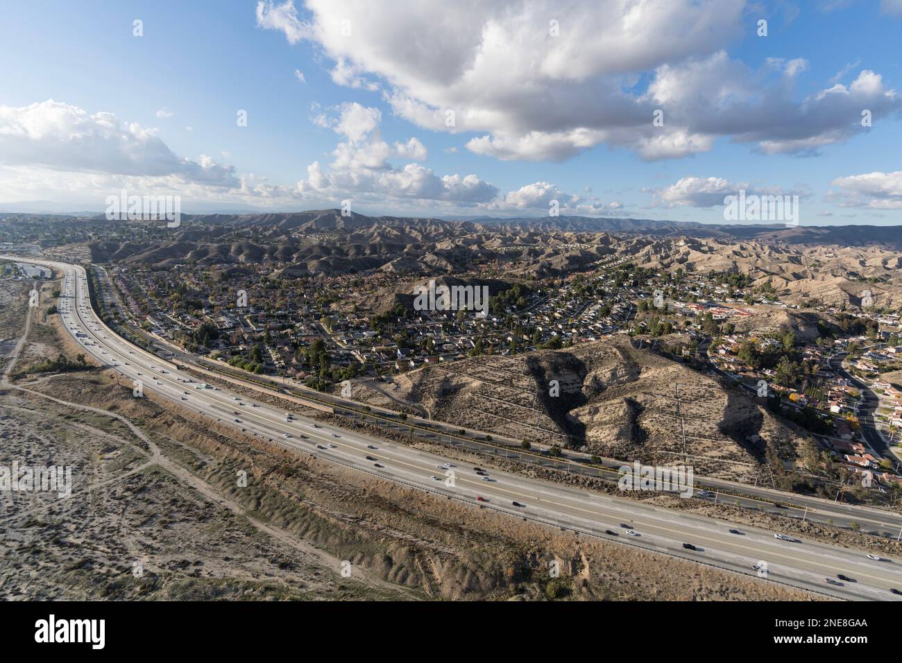 Aerial cityscape view of the 14 freeway and Santa Clarita in Los ...