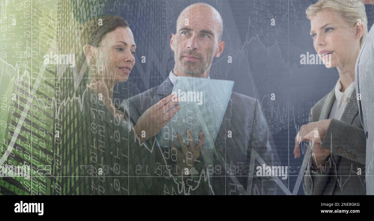 Composition of happy diverse business team in meeting over interface ...