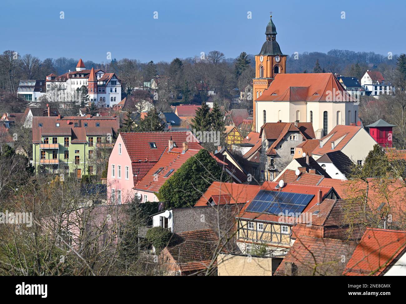 Buckow, Germany. 16th Feb, 2023. View over the house roofs of Buckow ...