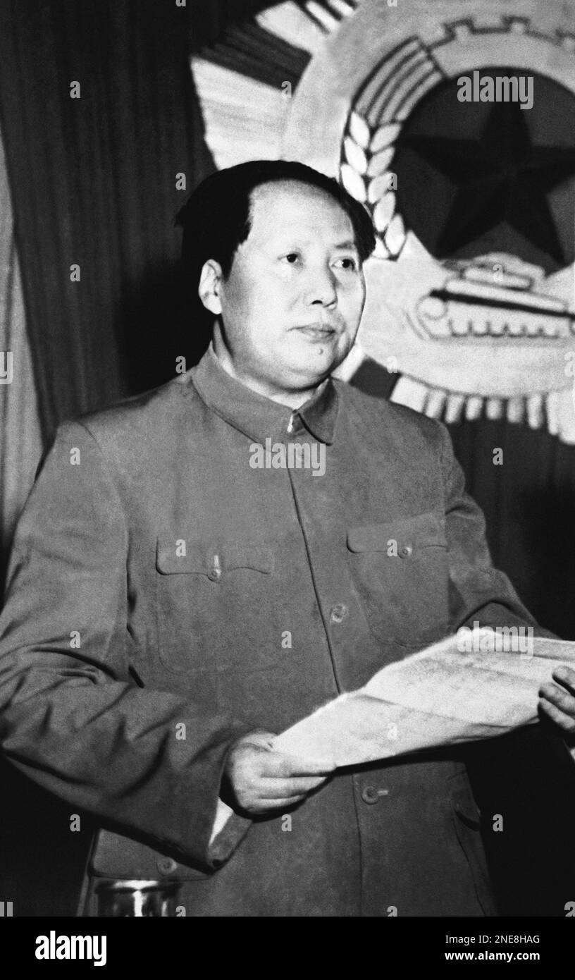 Mao Tse-tung, giving a radio harangue at the time of the adoption of ...