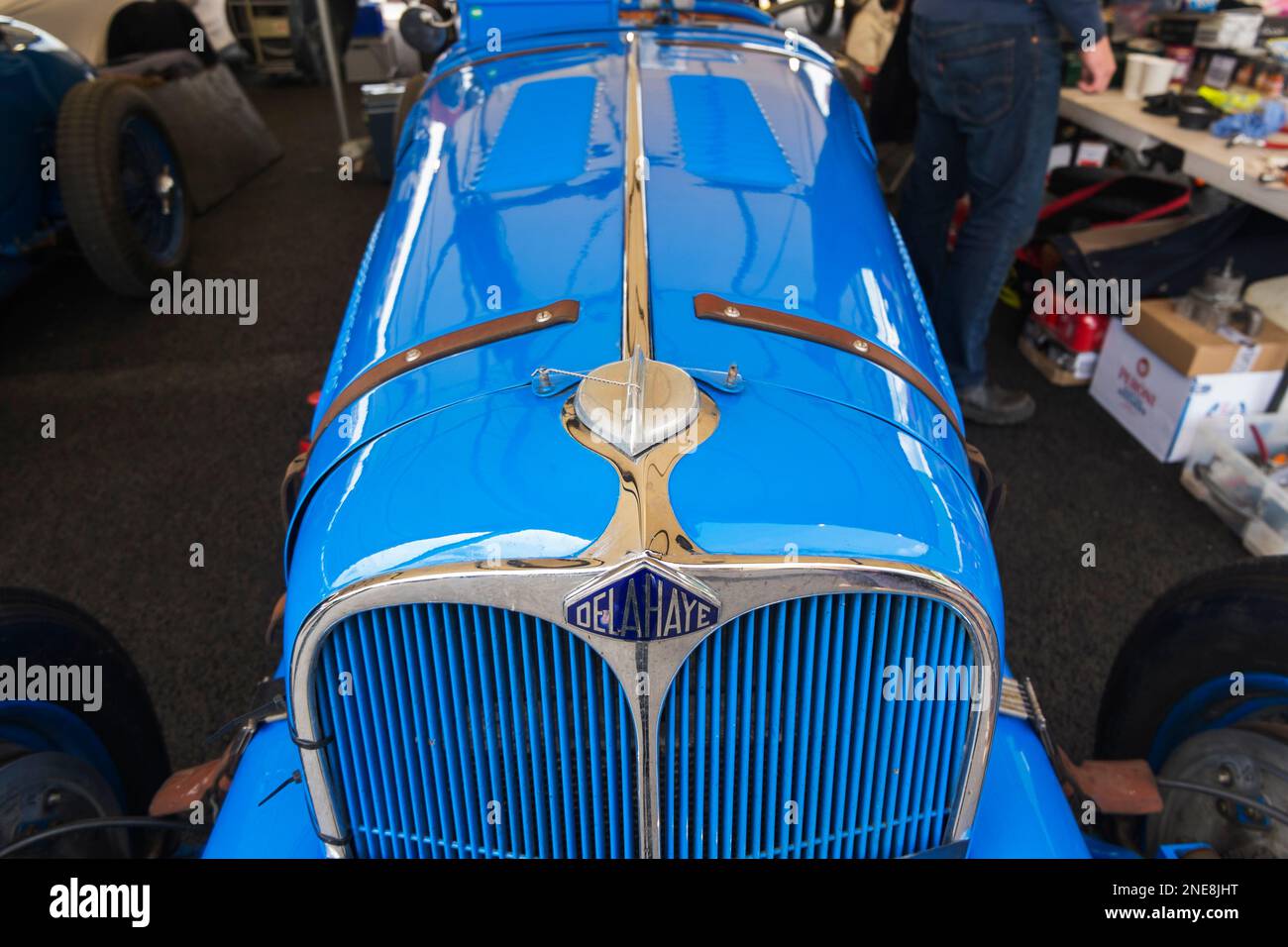 A 1930s Delahaye racing car in the paddock competing in the Varzi ...