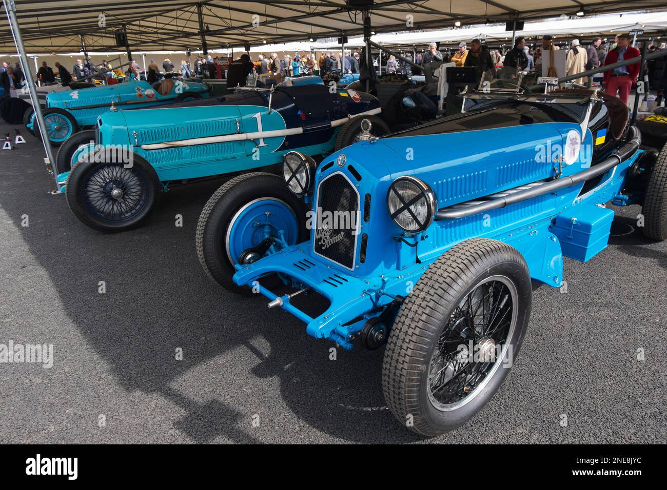 Blue 1930s Alfa Romeo 8C 2600 Monzas in the paddock competing in the ...