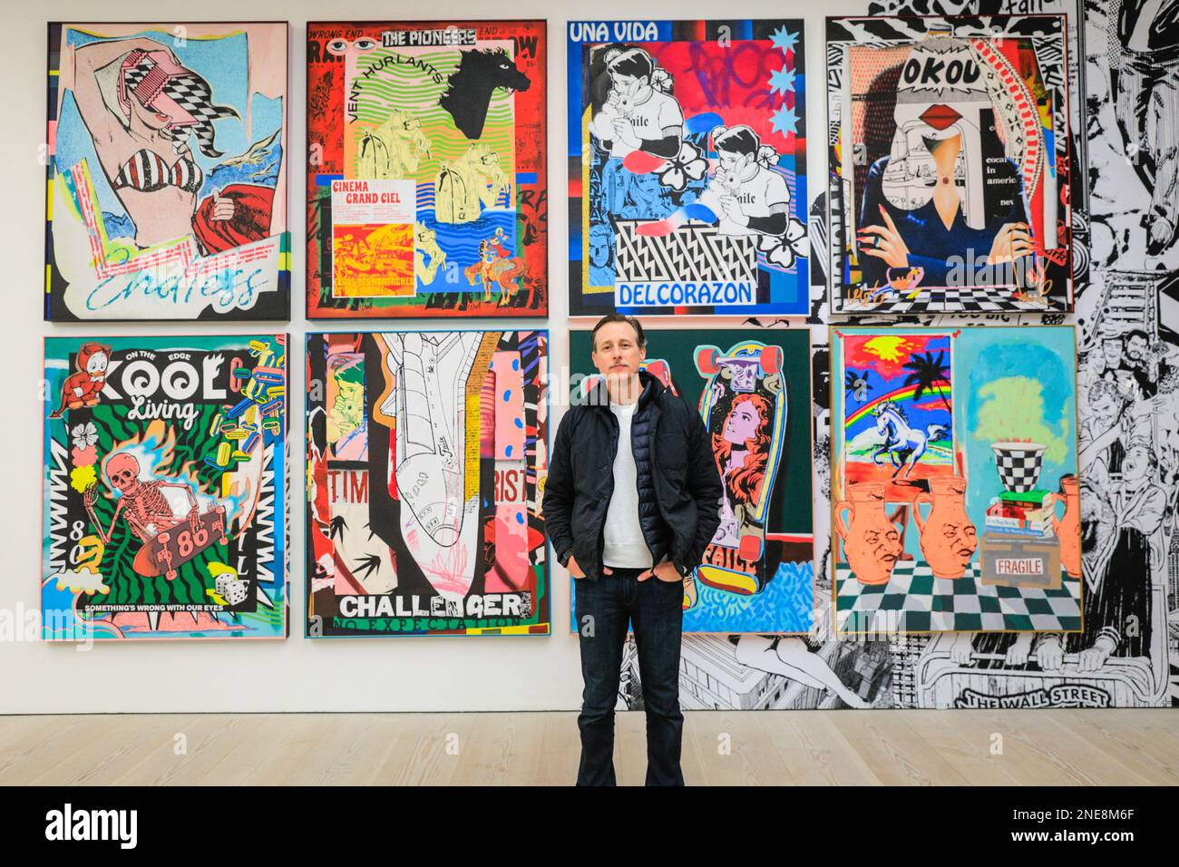 London, UK. 16th Feb, 2023. Artist Patrick Millet with some of his work ...