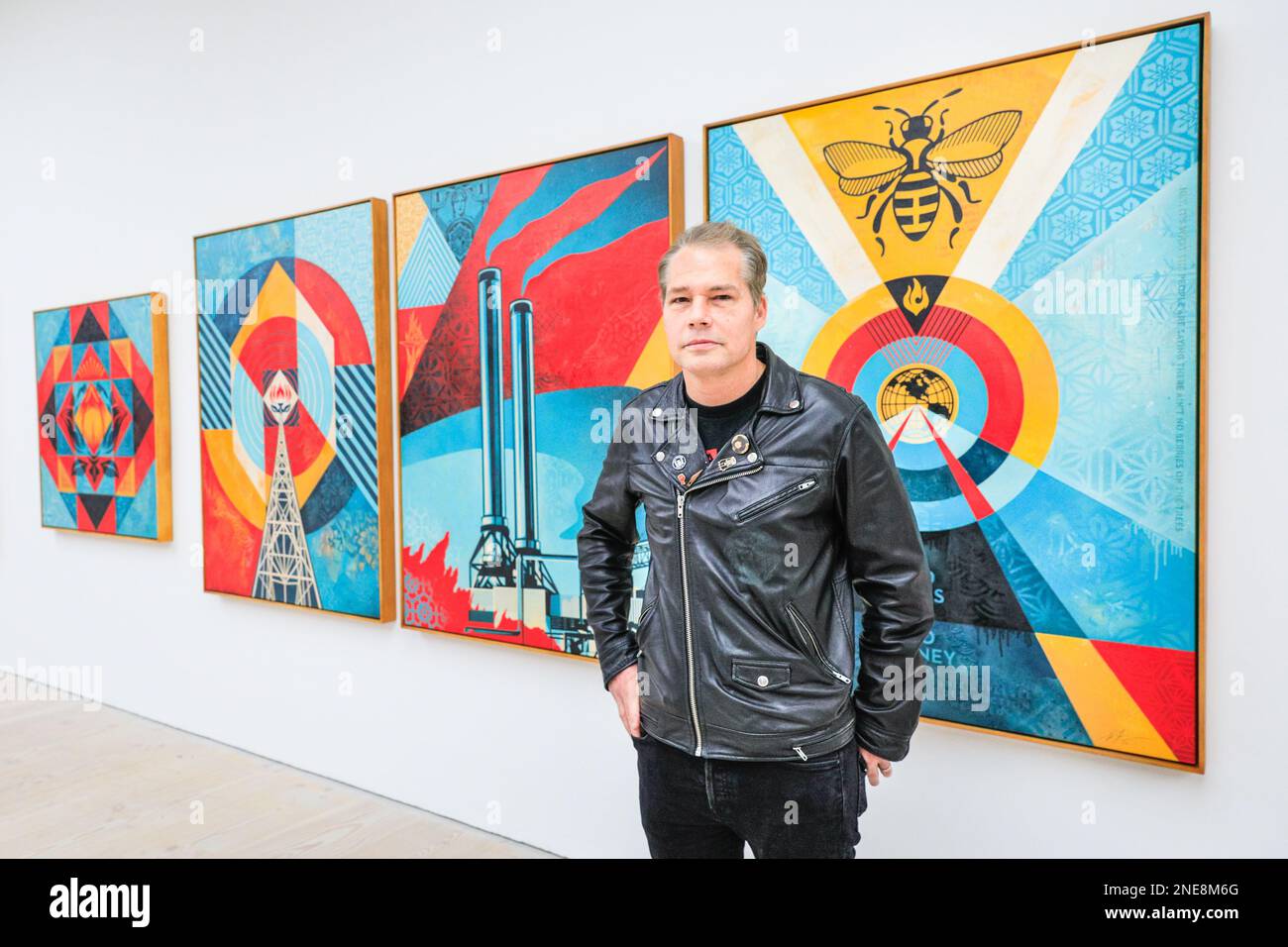 London, UK. 16th Feb, 2023. Artist Shepard Fairey with some of his work ...