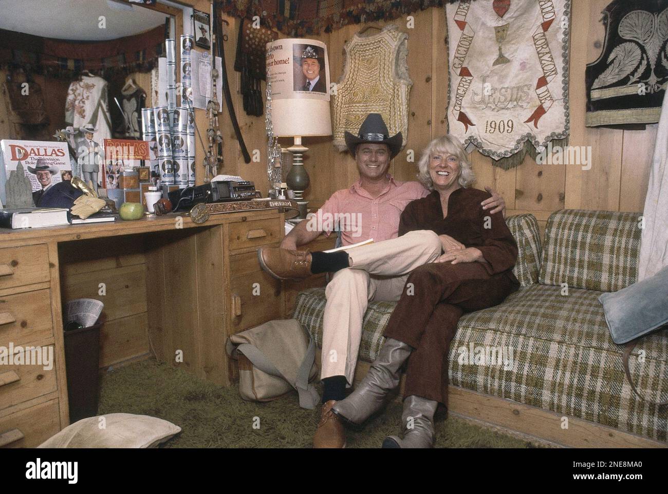 Actor Larry Hagman with his wife, Maj, in his dressing room on MGM lot ...