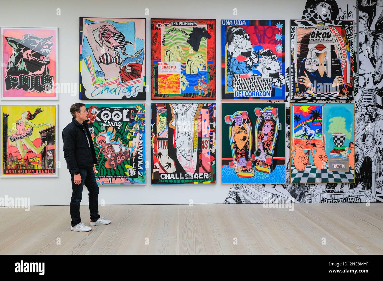 London, UK. 16th Feb, 2023. Artist Patrick Millet with some of his work ...