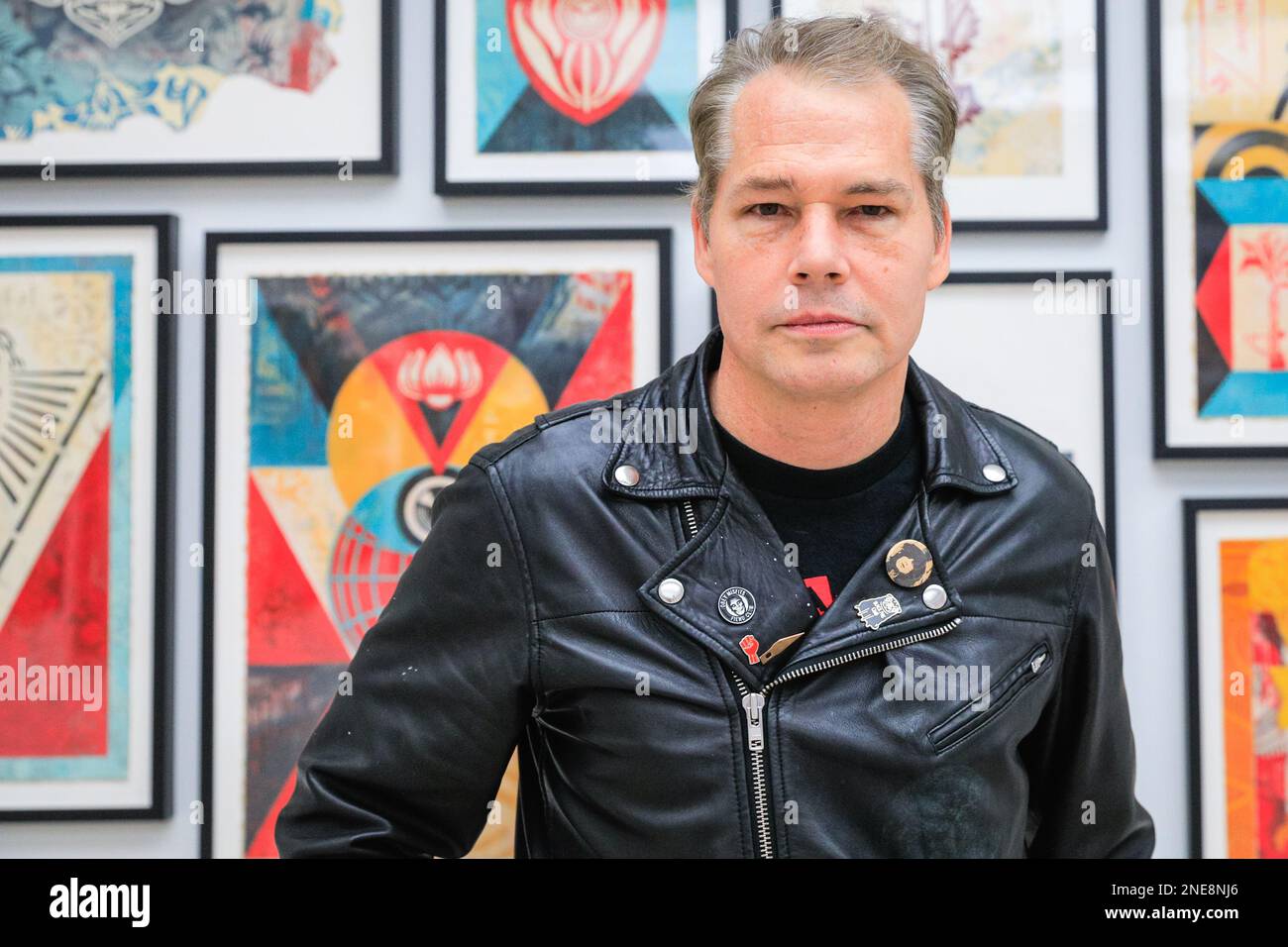 London, UK. 16th Feb, 2023. Artist Shepard Fairey with some of his work ...