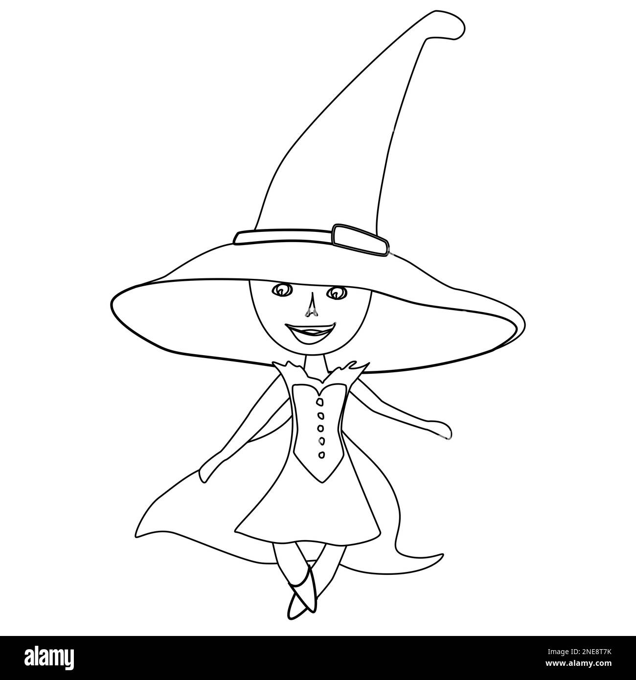 Black outline of sorceress in dress and cloak with big witches hat ...