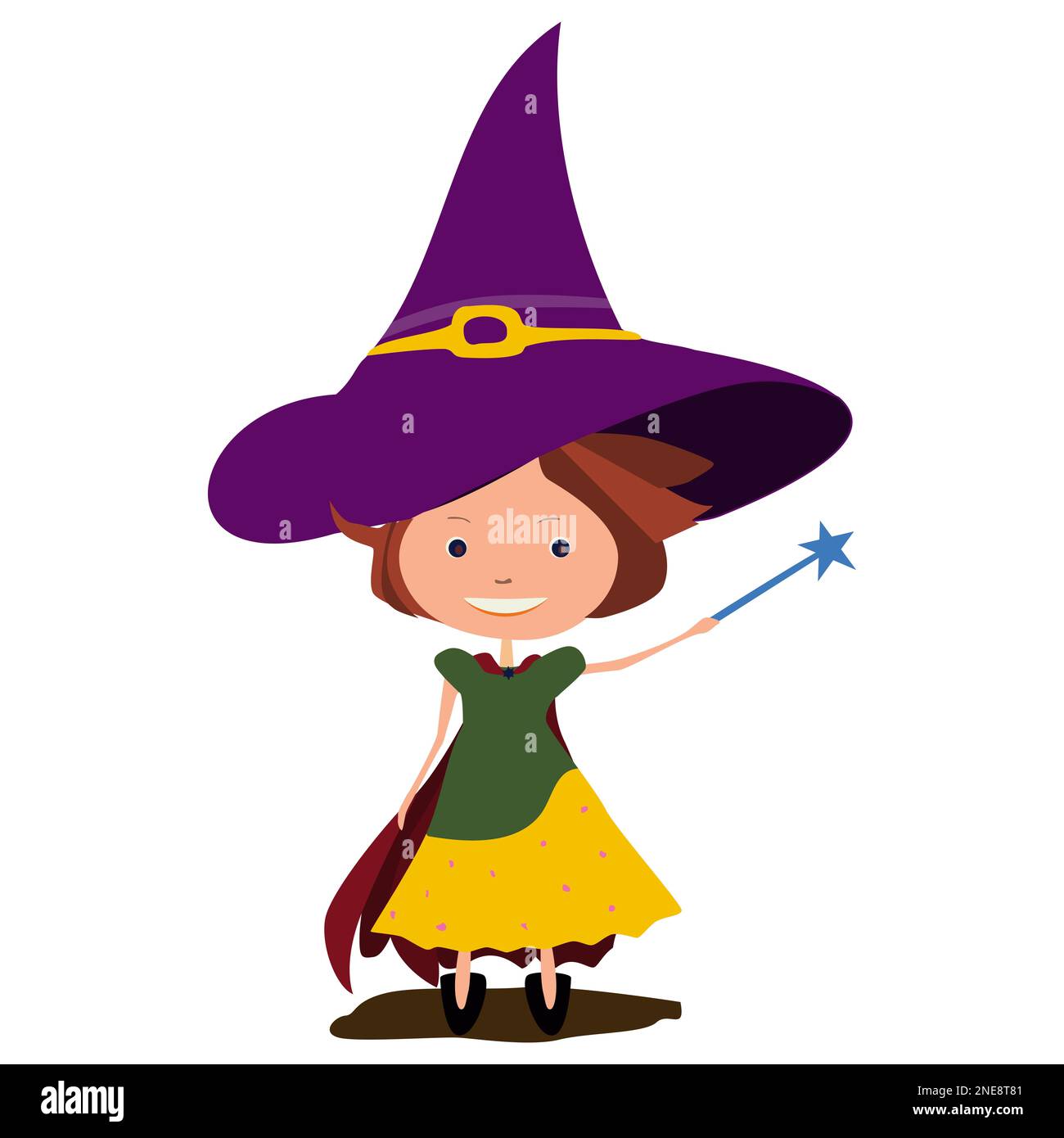 Girl sorceress in dress and witches hat and magic wand in hand isolated ...