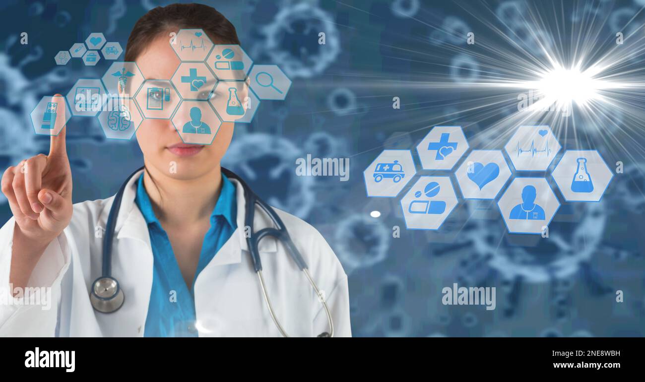 Medical icons against caucasian female doctor touching an invisible ...