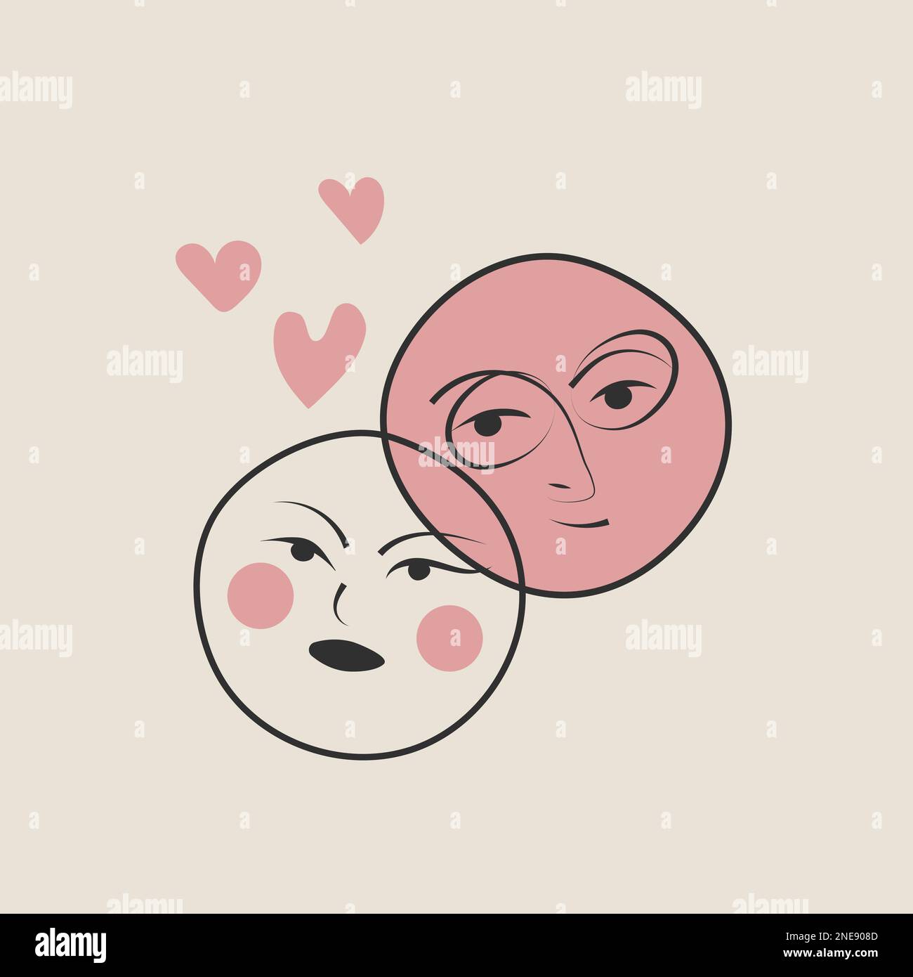 Couple of characters in love, funny vector faces of man and woman ...