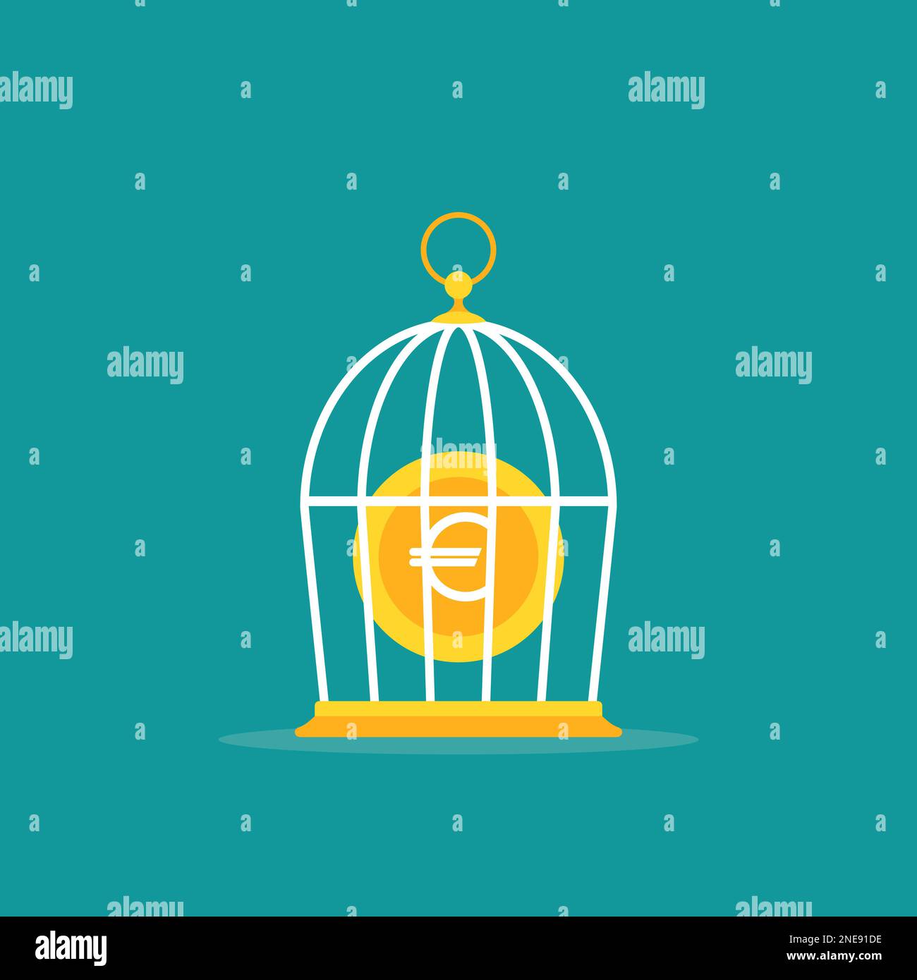 Locked golden bird cage and golden euro coin with wings. Trap ...