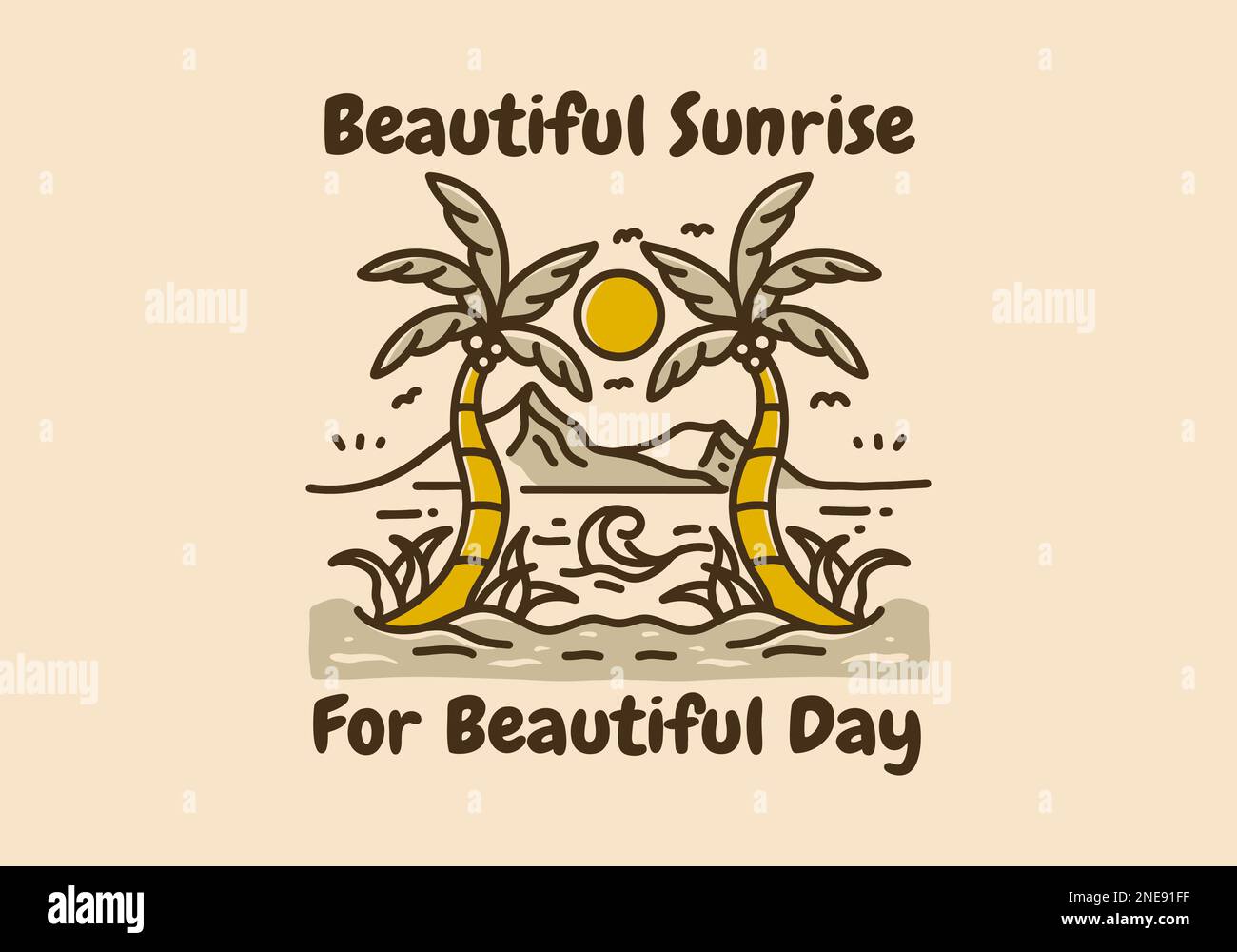 Illustration line art design of a beach sunrise in vintage color Stock ...